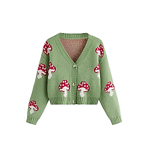 SweatyRocks Girl's Cute Graphic Print V Neck Sweater Button Down Knitted Cardigan Top Green 11-12Y