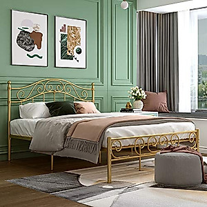 IOTXY King Metal Bed Frame - Gold 12 Inches Complete Bed Platform with Curved Tall Headboard and Shorted Footboard, King-Size Mattress Base Foundation, Garden Style