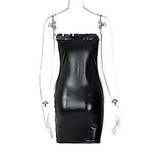 Achieer Women Sexy Club Party Strapless Bodycon Pu Leather Black Ruched Latex Dress