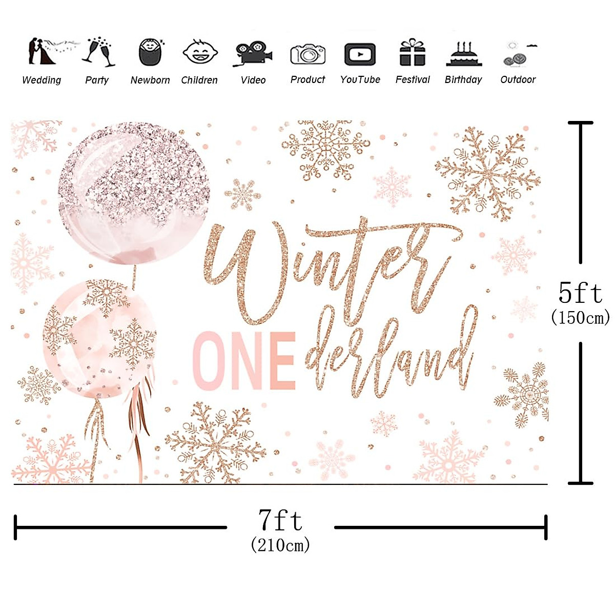 Aperturee 7x5ft Blush Pink Winter Onederland Theme Backdrop Girl One Years Old Birthday Party Christmas Snowflake Snow Landscape Photography Background Bokeh Glitter Balloon Banner Decor Photo Booth