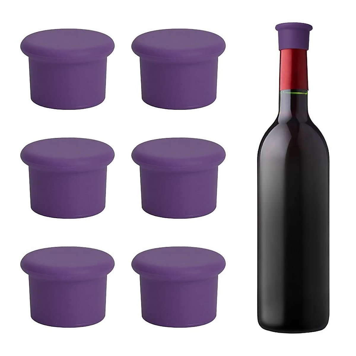 H H&J HUAJIAN Reusable Silicone Wine Bottle Stopper for Easy Removal and Secure Attachment, Set of 6 In Multiple Colours (Purple)