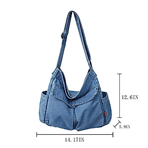 JARKJARD Canvas Messenger Bag Denim Shoulder Bag for Women Men Hobo Crossbody Bag with Multiple Pockets Casual Retro Tote Bag Handbag Large Capacity Purse(Light Blue)