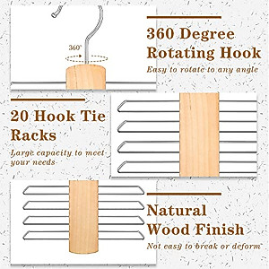 Yalikop Wooden Necktie and Belt Hanger 4 Pack Natural Finish Wood Center Organizer Tie Rack with Non-Slip Clips 20 Hooks 360 Degree Swivel Space Saving for Men Closet