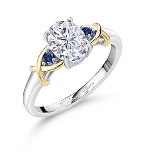 Gem Stone King 925 Sterling Silver and 10K Yellow Gold Customized and Personalized 3-Stone 8X6MM Oval and 2MM Round Gemstone Birthstone Name Engraved Ring For Women (Size 7)