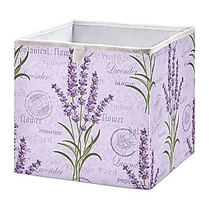susiyo Vintage Purple Lavender Flowers Fabric Storage Bin Organizer 11 inch Collapsible Storage Cube for Shelf Closet