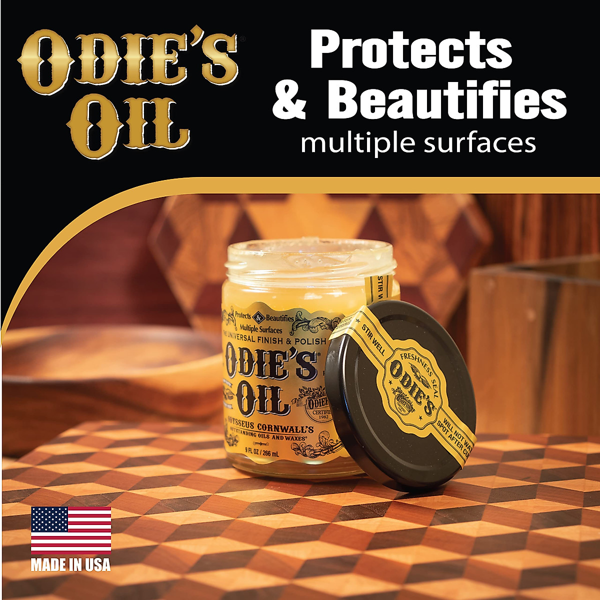 Odie's Oil • Universal Finish for Wood • Leather • Plastic • Vinyl • Metal and More • 9 Ounce Glass Jar • Food Safe and Solvent Free Non Toxic Finish …