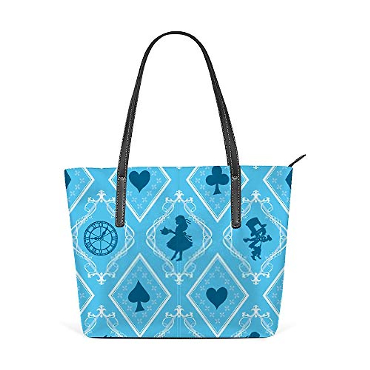 Kuizee Tote Handbag Shoulder Bags Zipper ﻿Wonderland Blue Big Capacity PU Leather Decoration Casual School Shopping Fashion 15.7In