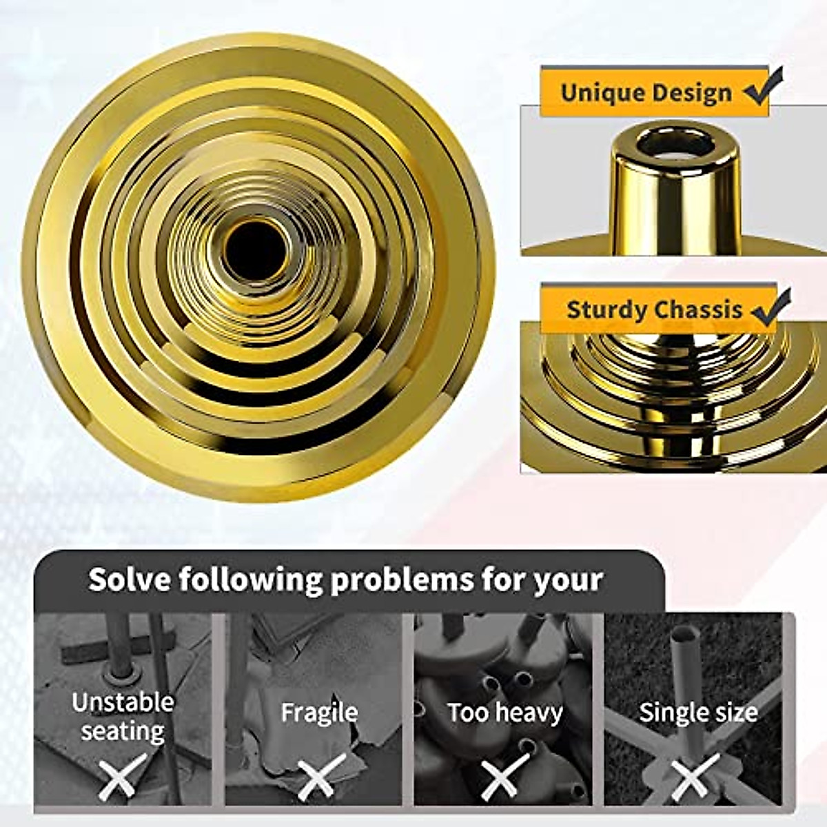 Jetlifee Floor Stand Base for Indoor Flagpole Flag Base, Gold Finish Long Lasting Plastic Base for Office Home, Compatible with 1.3 Inch, 1.1 Inch and 0.9 Inch Diameter Flag Pole