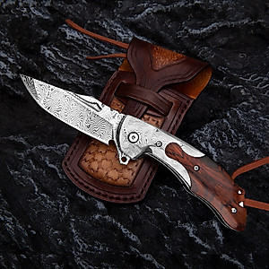 SPIRIT DEED Damascus Pocket Knife for Men,Handmade 3.4in Sharp Blade,Damascus Steel and Rosewood handel EDC,Leather Sheath Outdoor Survival Tool for Hunting