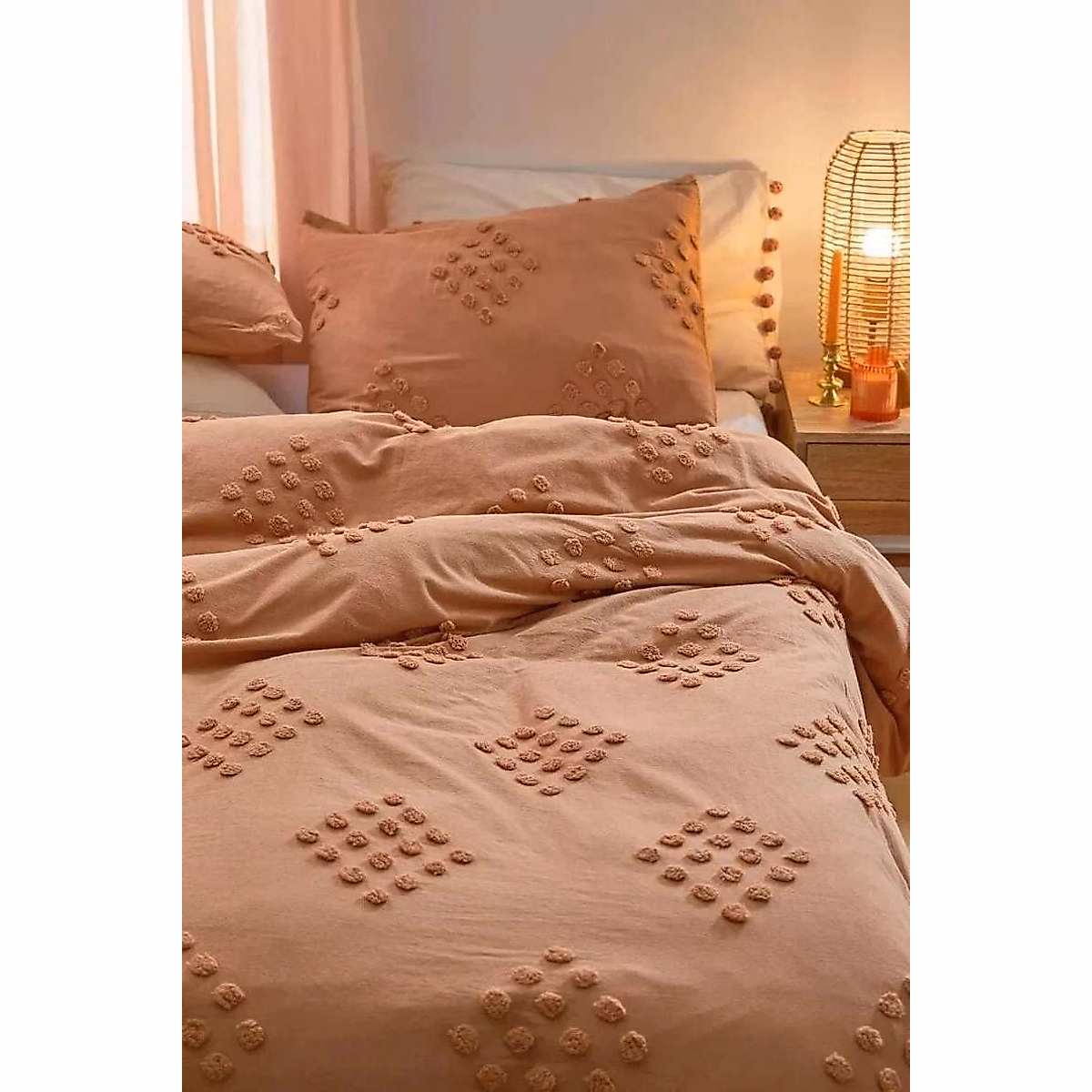 HANDICRAFT HANDLOOM Burn Orange Boho Duvet Cover Twin Size-68"x90" Tufted Duvet Cover for All Seasons Bedding with Pillow Cover Set 100% Washed Cotton 3 Pieces Tufted Embroidery for Home (D-3)