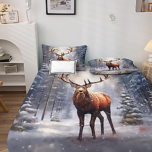Deer Sheets Full Size Sheet Sets - Winter Forest Animal Bed Sheets, Soft Microfiber & Deep Pocket & Wrinkle Free Patterned Bedding Sheets & Pillowcases, 1 Fitted Sheet, 1 Flat Sheet, 2 Pillow Cases