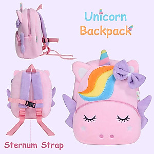 VASCHY Toddler Backpack Leash, Girls Cute Plush Animal Small Daycare Backpack for Little Kids Pink Unicorn