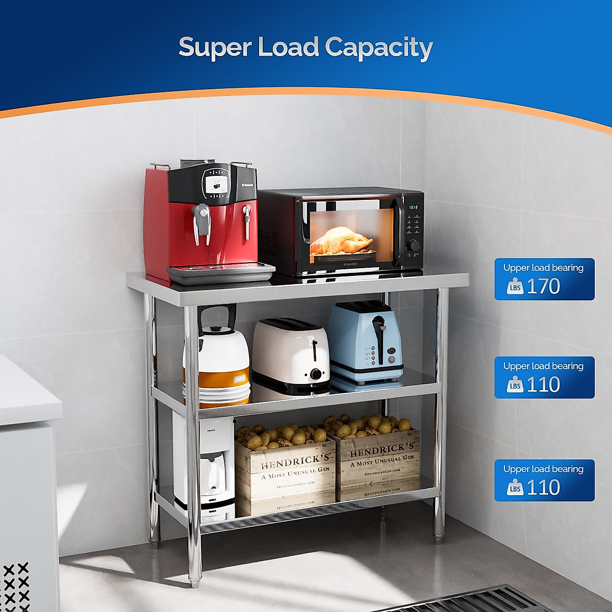 ROVSUN Stainless Steel Table with 2 Shelves 36 X 18 Inch, NSF Commercial Heavy Duty Prep & Work Table, Metal Utility Table for Kitchen, Restaurant, Home, Hotel, Garage