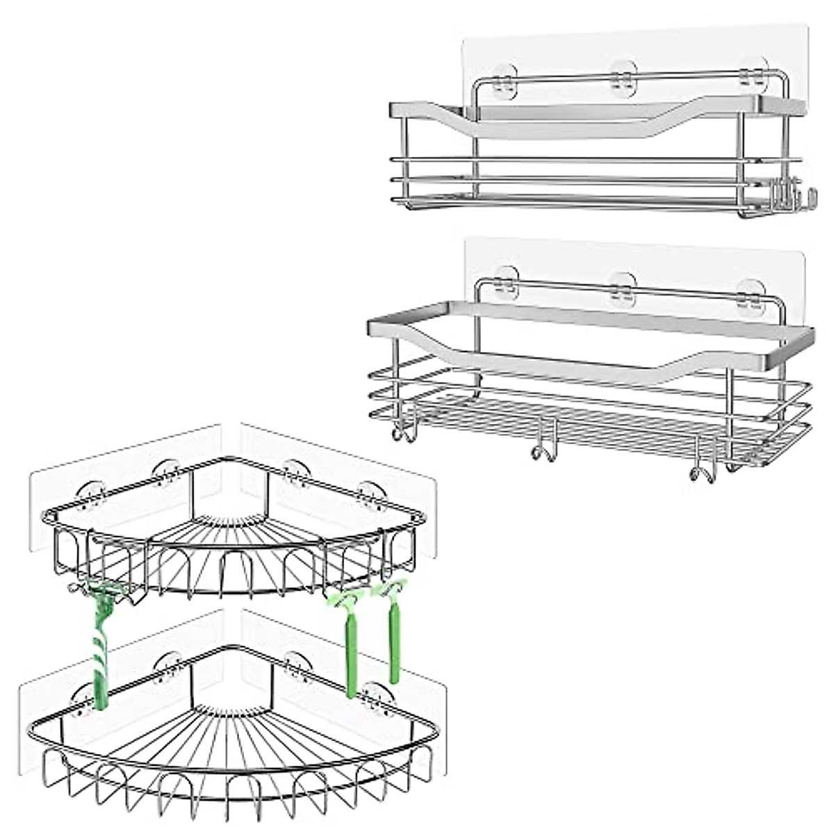 Orimade 2-Pack Rectangle Shower Caddy Bundle with 2-Pack Corner Shower Shelves Organizer