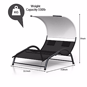 VORTEXTOVE Outdoor Hanging Curved Iron Chaise Lounge Chair for Backyard, Patio, Lawn, with Canopy and Headrest Pillows Iron Stand - Black