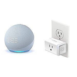 Echo Dot (5th Gen) with Clock | Cloud Blue with Kasa Smart Plug Mini