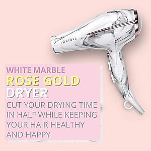 Foxybae Professional Hair Dryer | Powerful Ceramic Tourmaline Blow Dryer | Salon-Grade Hairdryer Motor | Hair Styling Tools for Straight & Curly Hair, 2 Heat Settings | White Marble Rose Gold
