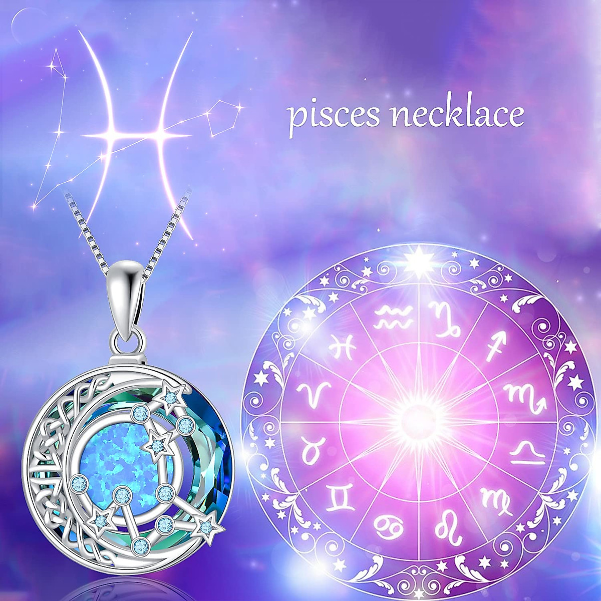 TOUPOP Pisces Necklaces for Women White Gold S925 Sterling Silver Zodiac Constellation Pendant Necklace with Aquamarine March Birthstone Pisces Zodiac Sign Birthday Jewelry for Wife Girlfriend