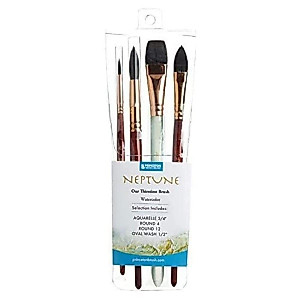 Princeton Artist Brush Neptune Series 4750 - 4-Piece Synthetic Squirrel Watercolor Paint Brush Set- Includes Aquarelle ¾” Oval Wash ½ & 2 Round Brushes Sizes 4 & 12