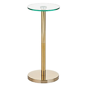 mDesign Glass Top Side/End Drink Table - Small Modern Round Accent Metal Nightstand Furniture for Living Room, Dorm, Home Office, and Bedroom - 9" Round - Clear/Soft Brass