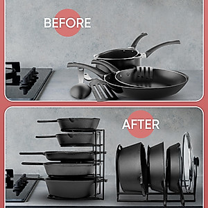 Extreme Matters Heavy Duty Pot and Pan Organizer Holder - Holds Cast Iron Skillets, Pots, Frying Pan, Lids - Durable Steel Construction Griddles and Shallow Pots - Space Saving Kitchen Storage - Black