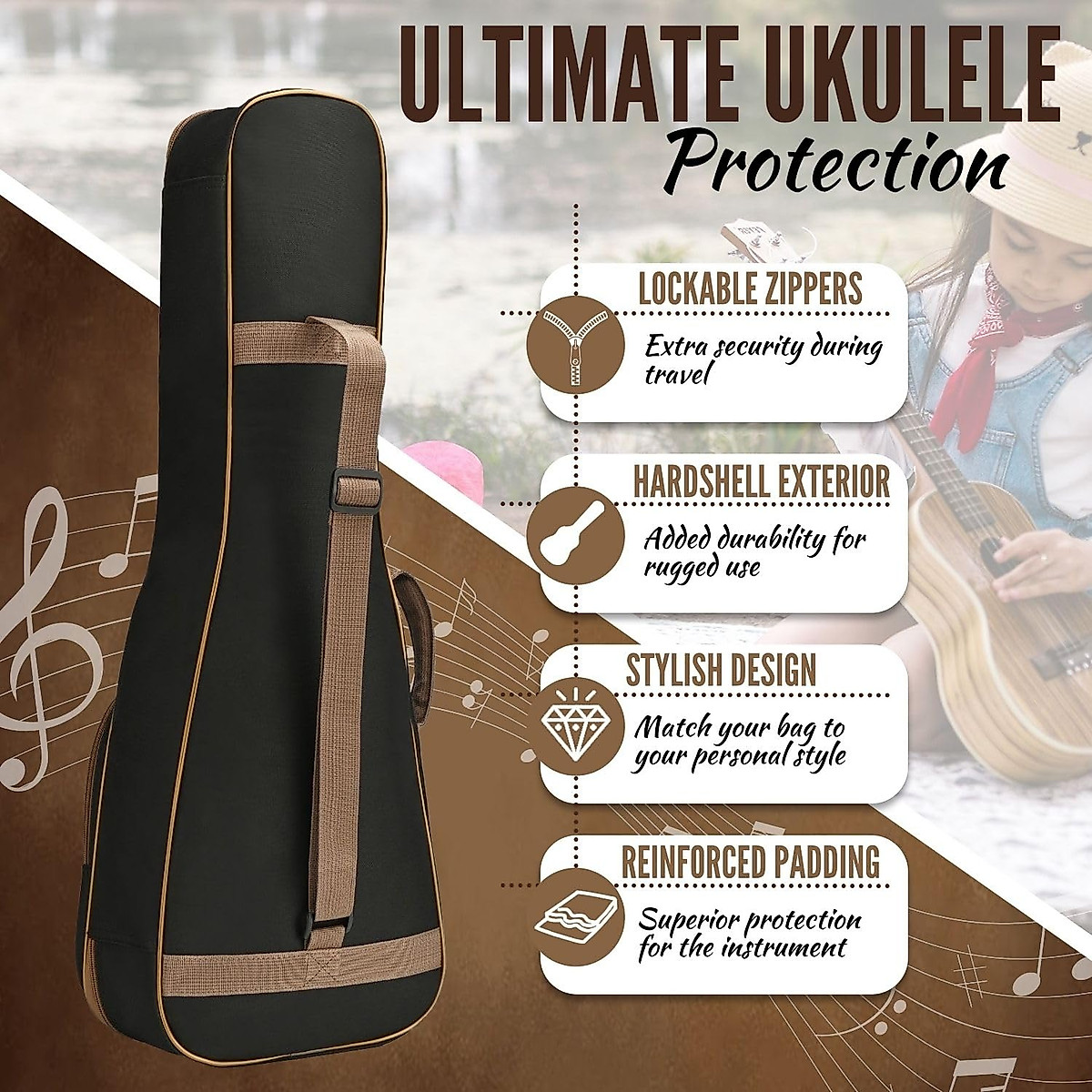 Flexzion Ukulele Gig Bag - Uke Backpack Storage Soft Case Waterproof w/Carrying Handle, Pocket & Adjustable Shoulder Strap, Music Accessories for Concert Tour Travel, Black, 26 in., Tenor