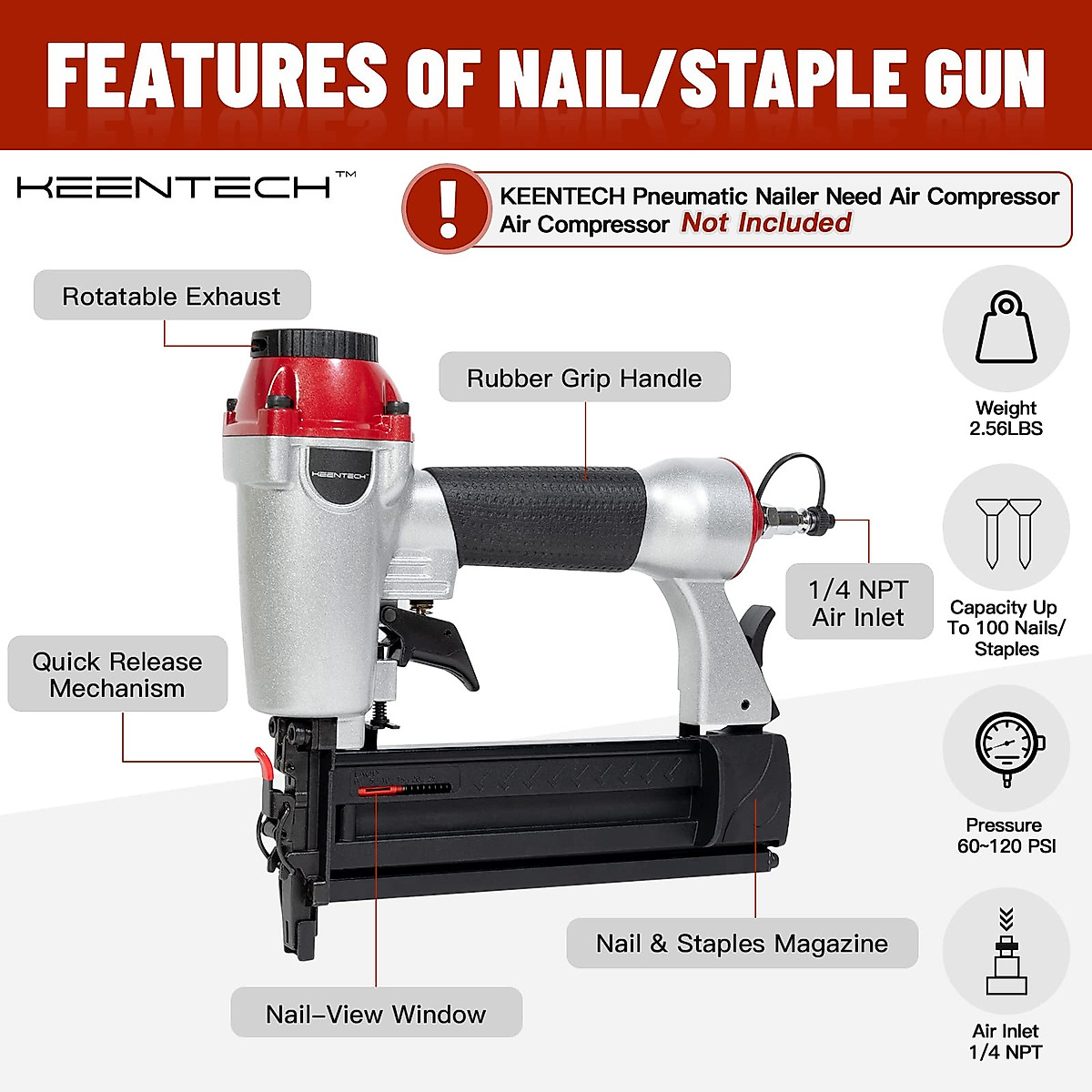 KEENTECH Pneumatic Brad Nailer, 18 GA, 2 in 1 Nail Gun and Crown Stapler Fires 2 Inch Brad Nailes and 1-5/8 Inch Crown Staples, for Carpentry, DIY Project, Woodworking, Silver & Red (KT5040)