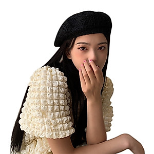 Women Lace Lightweight Beret Floral Hollow Out Hat Breathable French Beret Beanie Hat Cap for Spring Summer, Black