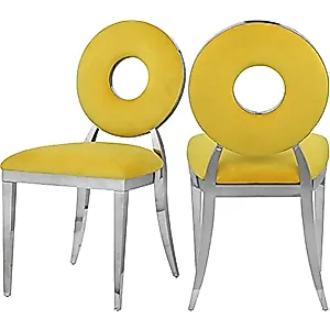 Meridian Furniture Carousel Collection Velvet Upholstered Dining Chair in Chrome Stainless Steel Finish, 18" W x 23.5" D x 35" H, Yellow