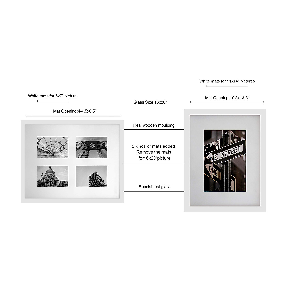 The Display Guys 16x20 White Picture Frame - Solid Pine Wood, Tempered Glass, matted for 11x14 Photo + Collage Mat Board for 4-5x7 Photo