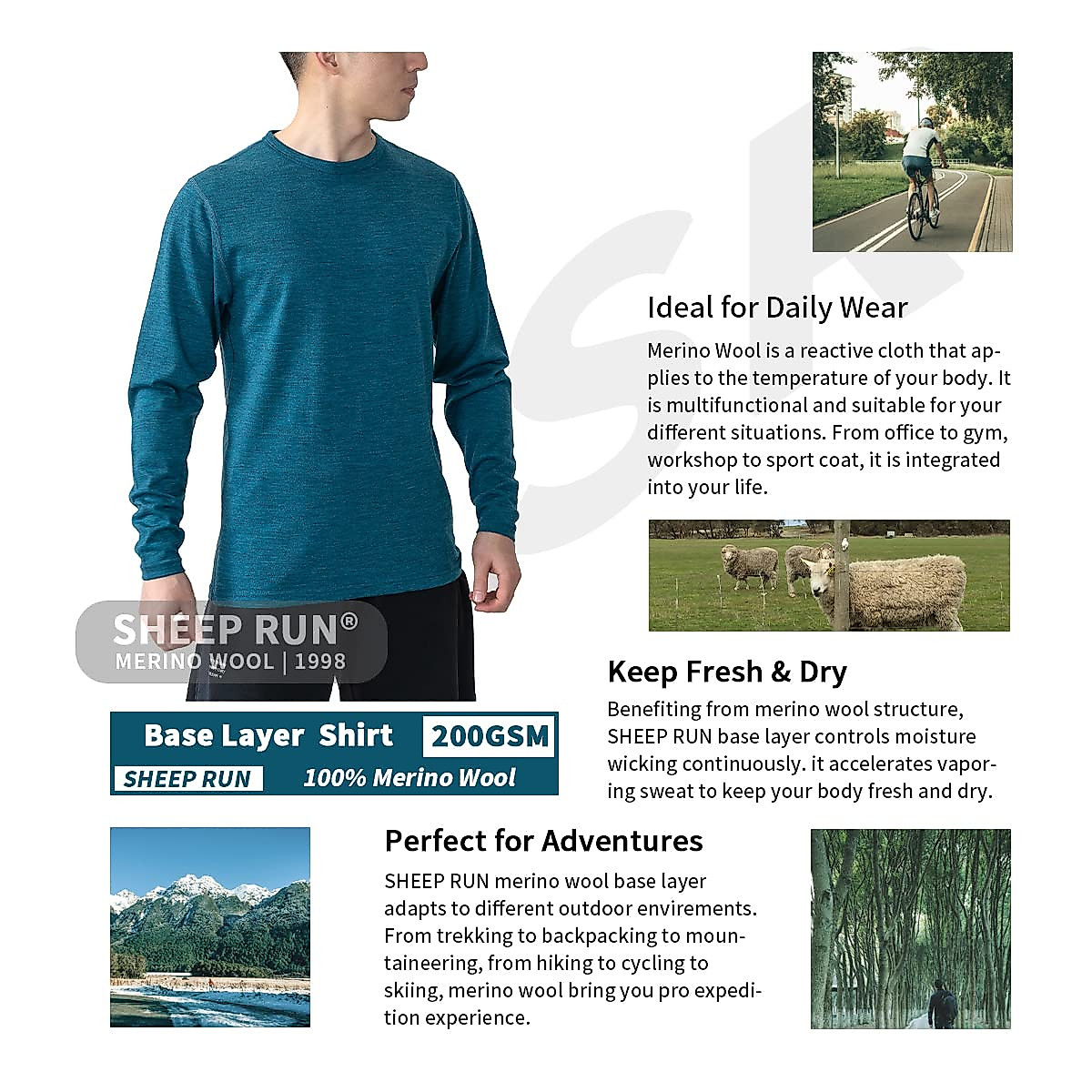 SHEEP RUN 100% Merino Wool Men's Wicking Breathable Base Layer Hiking Running Long Sleeve Shirt (Carmine, Medium)