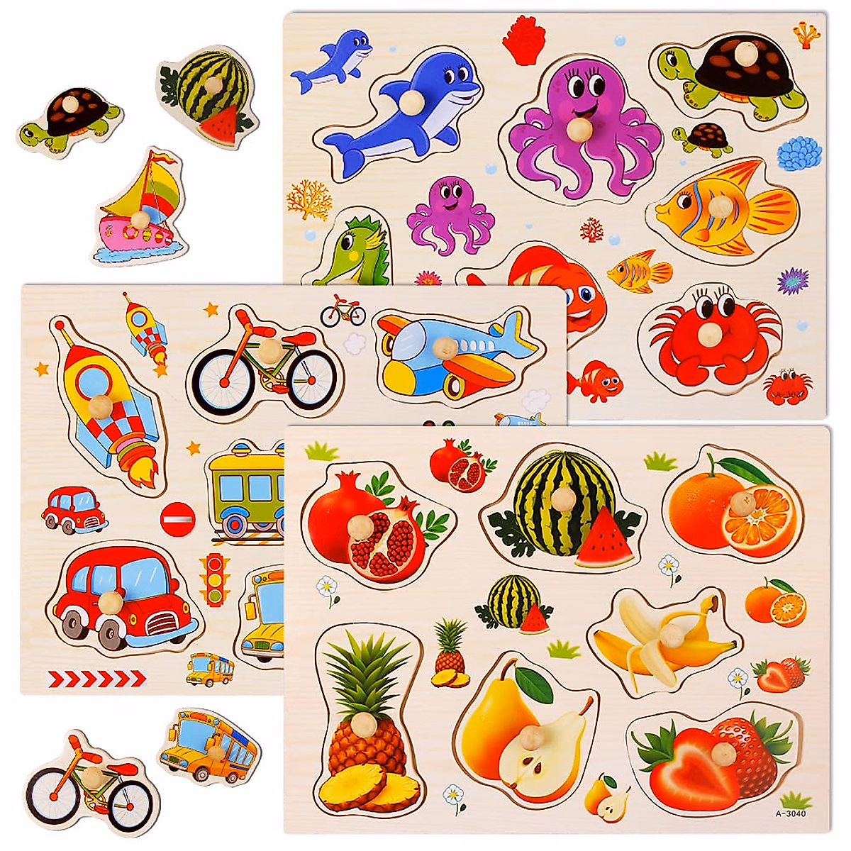 Wooden Peg Puzzles for Toddlers, 3 Pack Ocean Transportation Fruit Puzzles for Kids 1-3 Years Old, Early Educational Preschool Learning Puzzles Toys for Boys and Girls Ages 1 2 3 4 5