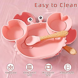 Baby Feeding Set, 9 in 1 Silicone Toddler Weaning Set- Adjustable Bib, Crab Pattern Divided Plate, Sucking Bowl, 2 Pairs of Feeding Spoons and Forks, Snack Cup, Drinking Cup for Babies and Toddler