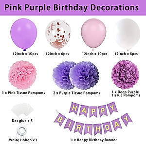Rishafowg Purple Birthday Decorations for Women, Princess Birthday Party Decorations Pink and Purple Birthday Decorations with Latex Balloons Paper Pom Poms Happy Birthday Banner