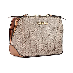 Calvin Klein Lucy Triple Compartment Crossbody, Almond/Taupe/Caramel Embossed