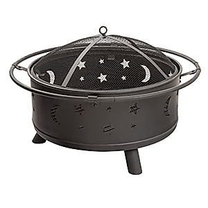 Fire Pit Set, Wood Burning Pit - Includes Screen, Cover and Log Poker- Great for Outdoor and Patio, 30 inch Round Star and Moon Firepit by Pure Garden