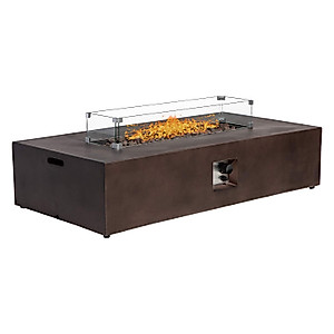 SUNBURY Outdoor Propane Burning Fire Pit, Patio Fire Table 50,000 BTU Fire Pit for Outside w Glass Wind Guard, Waterproof Cover (Rectangle, Dark Brown)