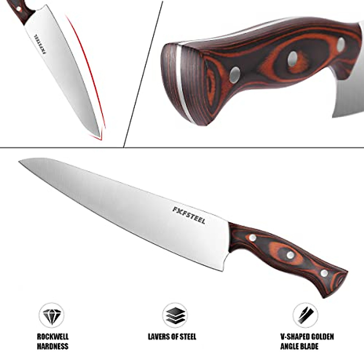 FXFSTEEL Chef Knife, 9 inch Kitchen Knife Stainless Steel with Red Solid Wood Handle Professional Sharp Cleaver Knife for Cutting Vegetable Meat Cooking Knife Accessories