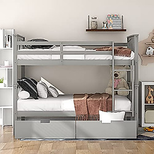 Harper & Bright Designs Full Over Full Bunk Beds with Storage,Wood Bunk Beds Full Over Full Size with Drawers,Full Bunk Beds with High Length Guardrail for Kids,Teens,Adults, Grey