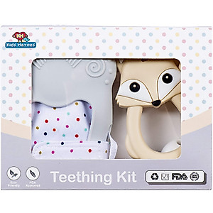 Kids Heroes Fox Teething Toy and Mitten Teether to Soothe Baby Boy Sore Gums, Teething Pacifier Clip, Grey