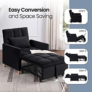 SumKea 70'' Convertible Chair Bed, Extra Long Teddy Fabric Single Pull Out Sofa Bed, 4 in 1 Adult Sleeping Chair, Recliner Chair with Pillow, Adjustable Backrest, Black