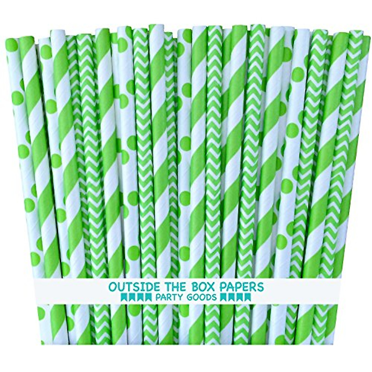 Outside the Box Papers Lime Green Stripe, Chevron and Polka Dot Paper Straws 7.75 Inches 75 Pack Lime Green, White