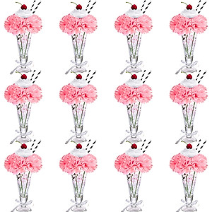 50's Soda Shop Party Decor, Artificial Silk Carnation Picks Set Include White Pink Carnation Flowers and Lifelike Cherries with Paper Straws for DIY Rock and Roll, Containor Wasn't Included (116 Pcs)