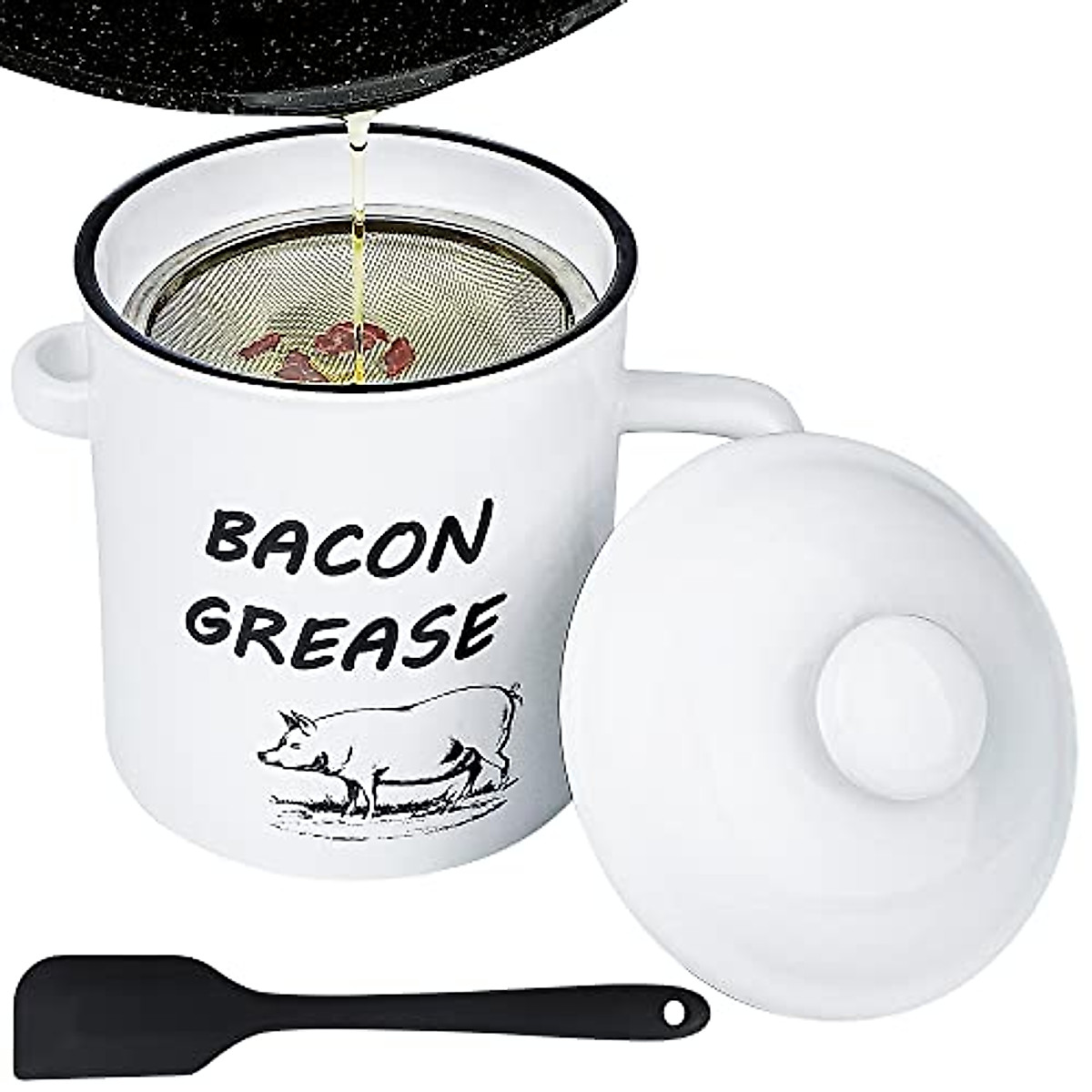 Bacon Grease Container with Strainer Rustic Farmhouse Ceramic Bacon Fat Container Bacon Grease Keeper with Food-Grade Silicone Spatula for Mom