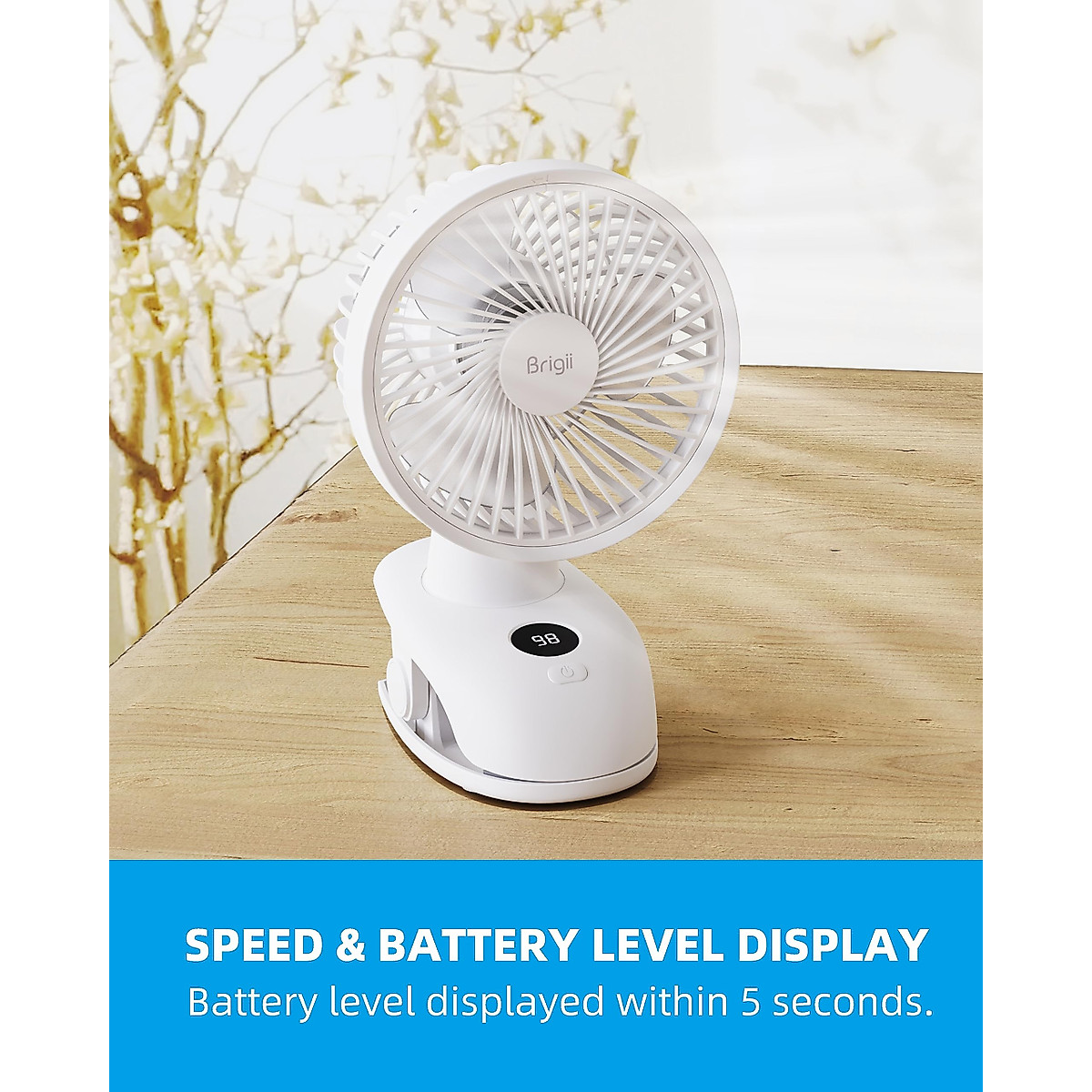 Brigii Desk&Clip Fan, Small Fan 14H Long Battery Life, Battery Level Display, 5 INCH Travel Fan, 4-Speed, Type-C Rechargeable-PF01(White)