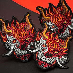 Cyberpunk Oni Demon Patch, Small Embroidered Game Emblem for Cosplay Costume, Iron On 3.3 x 3.7 inches