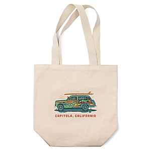Lantern Press Capitola, California, Woody with Surfboard, Contour (100% Cotton Canvas Reusable Tote Bag)