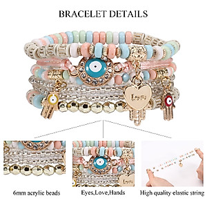WuCuifu Stackable Bracelets for Women - 8 Packs Bohemian Stretch Bracelets Multi-color Jewelry for Women Evil Eyes Bracelets, Pink