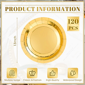 Patelai 120 Pcs Wedding Disposable Charger Plates Bulk 13 Inch Charger Dinner Plate Paper Cardboard Charger Service Plates Round Dinner Charger for Bridal Party Baby Shower Table Setting (Gold)