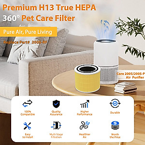 Core 200S Pet Care Replacement Filter Compatible with LEVOIT Core 200S Smart WiFi Air Purifier, 3 stages Ture H13 HEPA Filter, Compare part# Core 200S-RF,2 Pack